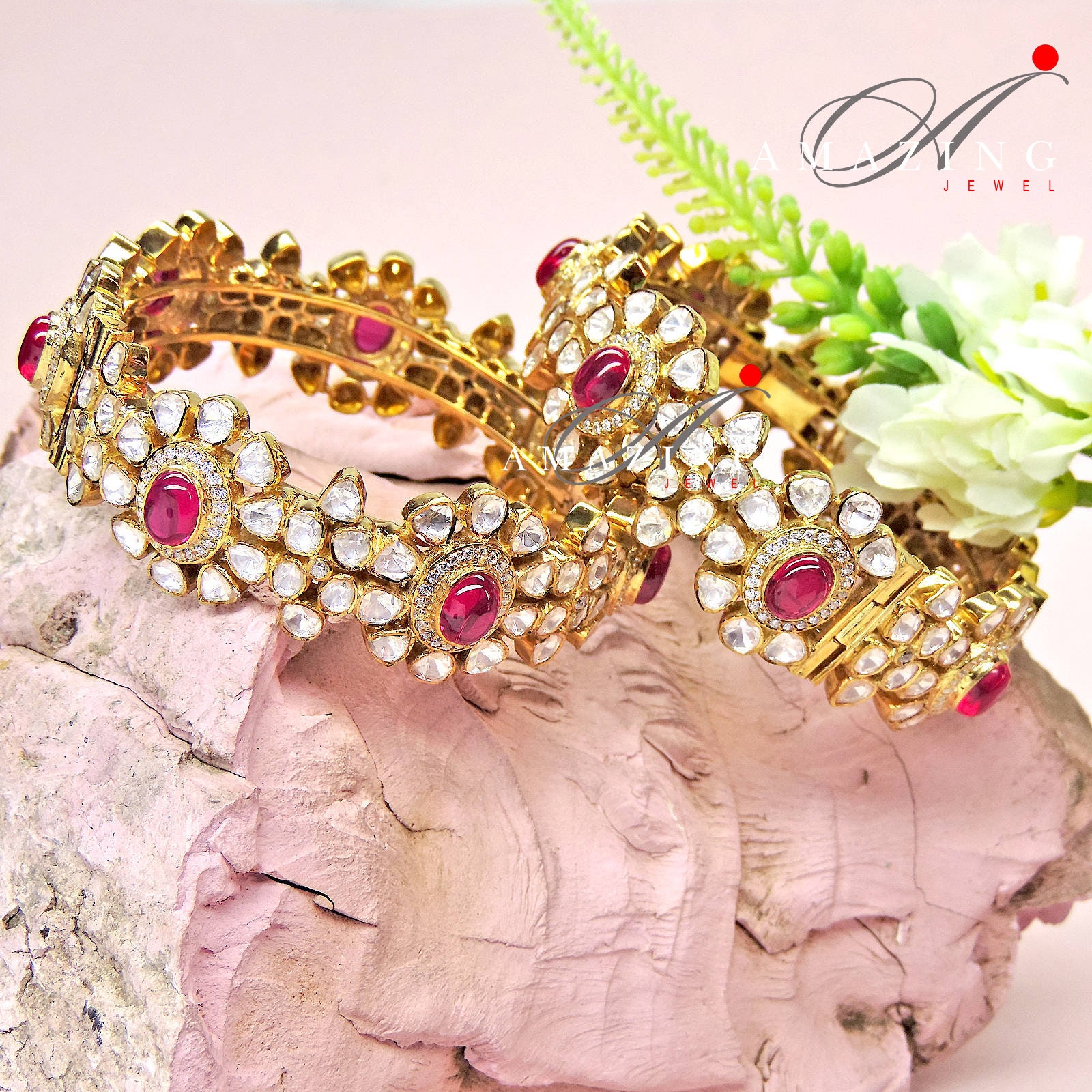 Silver Moissanite Polki Hydro Ruby Bangle,925 Silver Bangle, Bridal Polki Bangle,indian ...