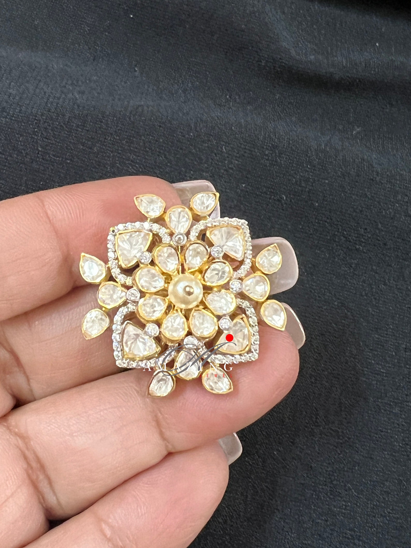 Silver Moissanite Polki Ring, Ring, Polki Ring, Moissanite Pearl Polki ...