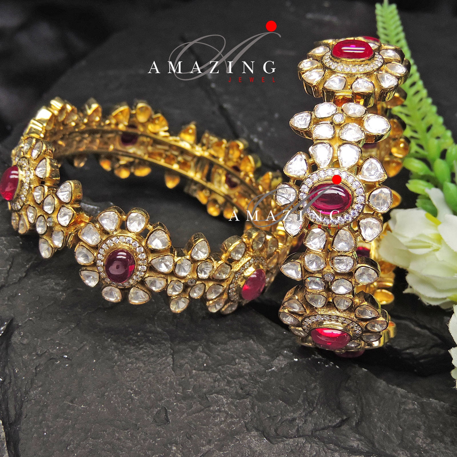 Silver Moissanite Polki Hydro Ruby Bangle,925 Silver Bangle, Bridal Polki Bangle,indian ...