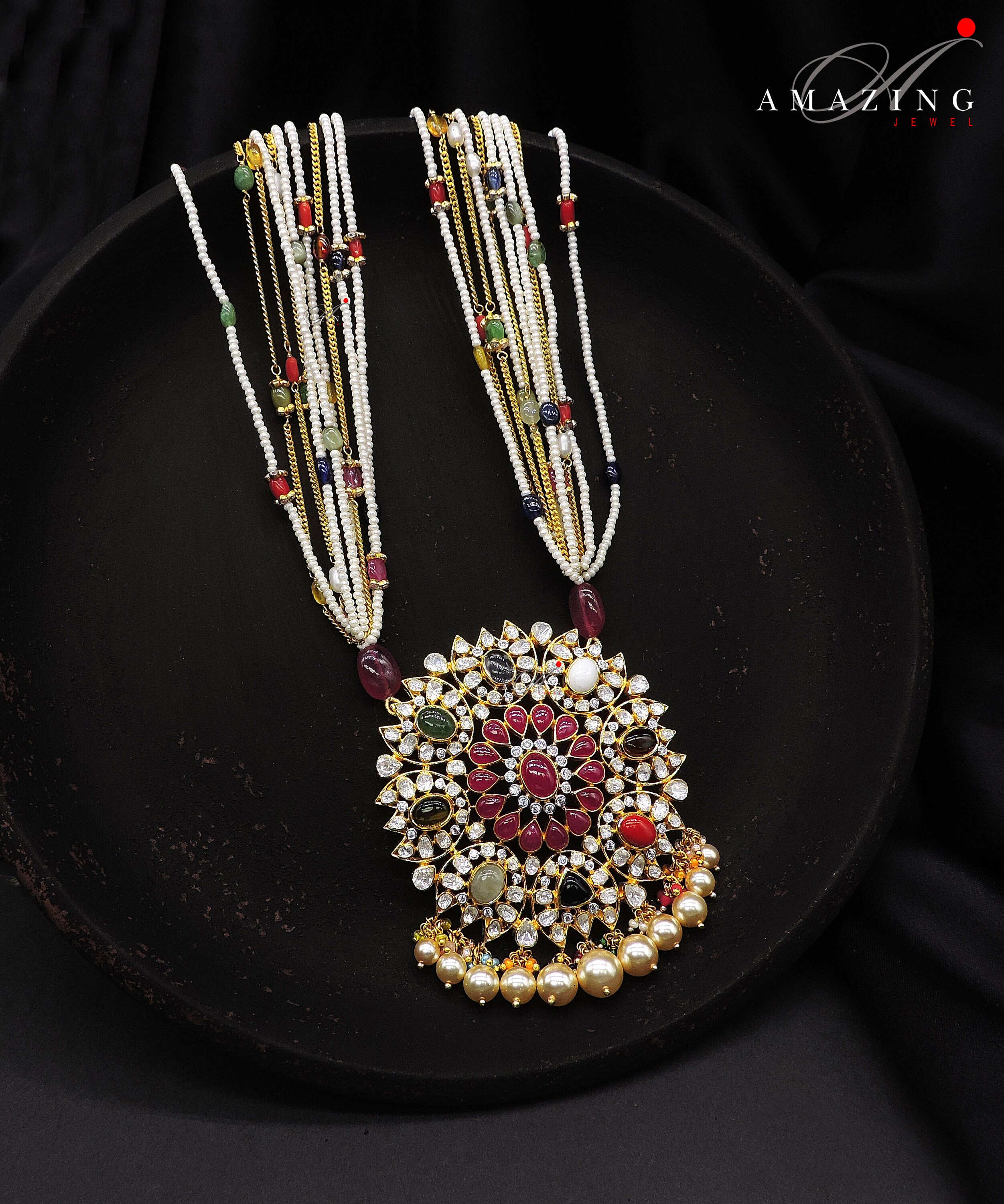 Silver Semi Precious Navratna Stones Pendant, Wedding Jewellery ...