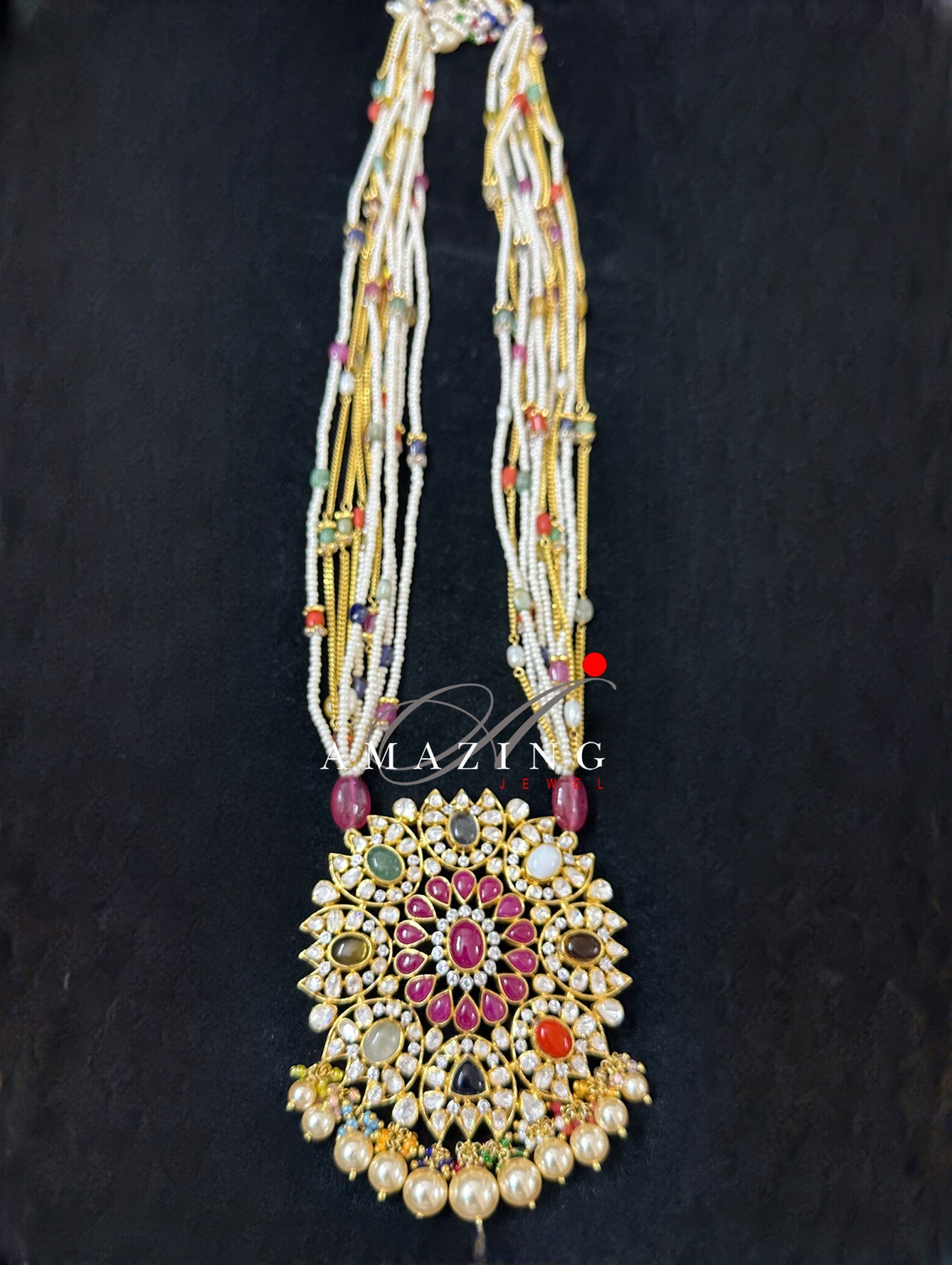 Silver Semi Precious Navratna Stones Pendant, Wedding Jewellery ...