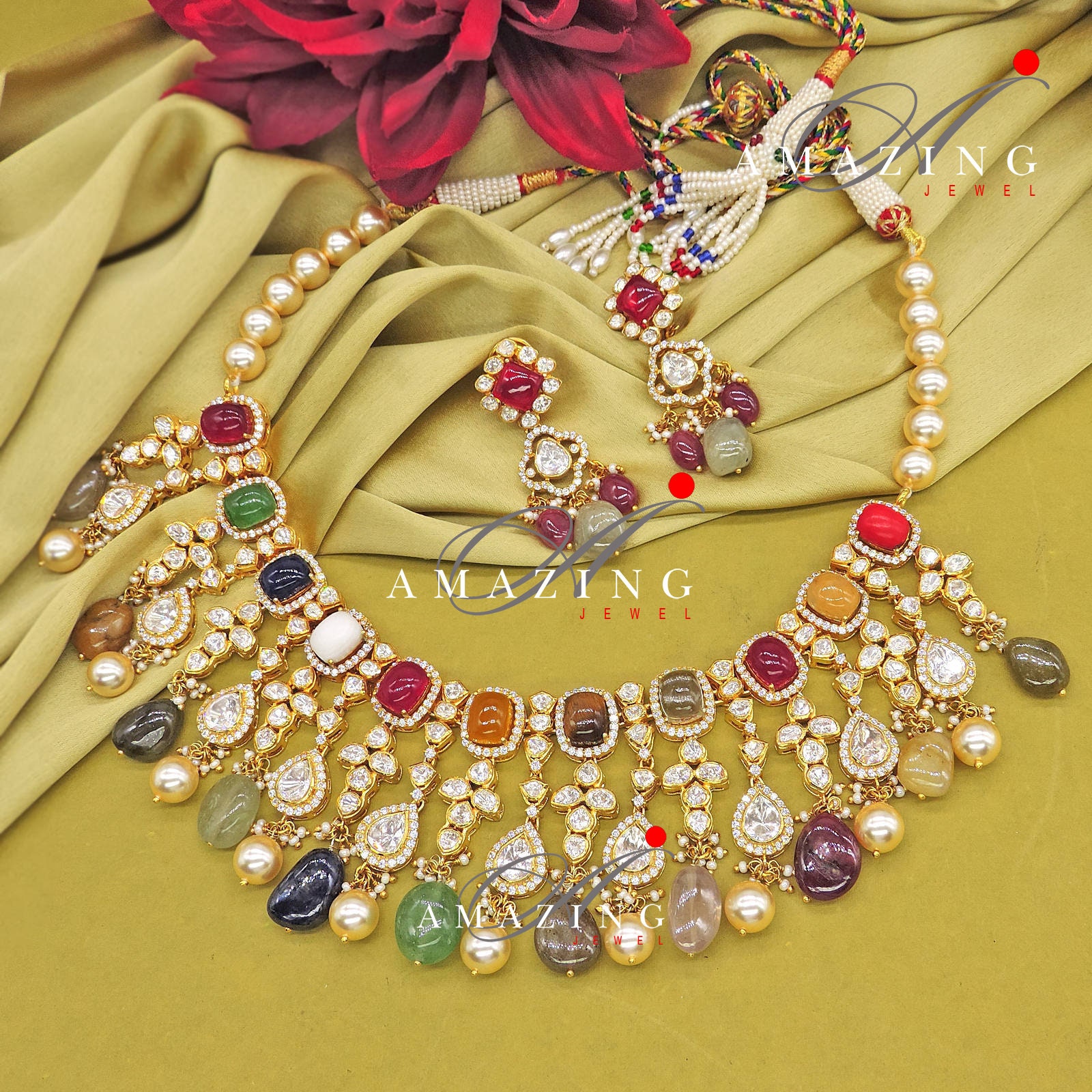 Silver Moissanite Polki Navratna With Fresh Water Sea Pearl, Necklace ...