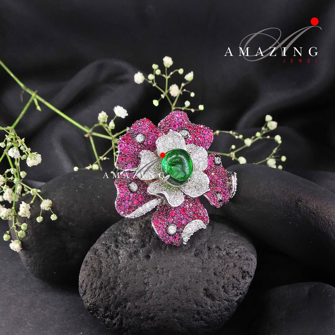 Silver Swarovski Ruby Floral Ring, Contemporary Ring, Cubic Zirconia ...