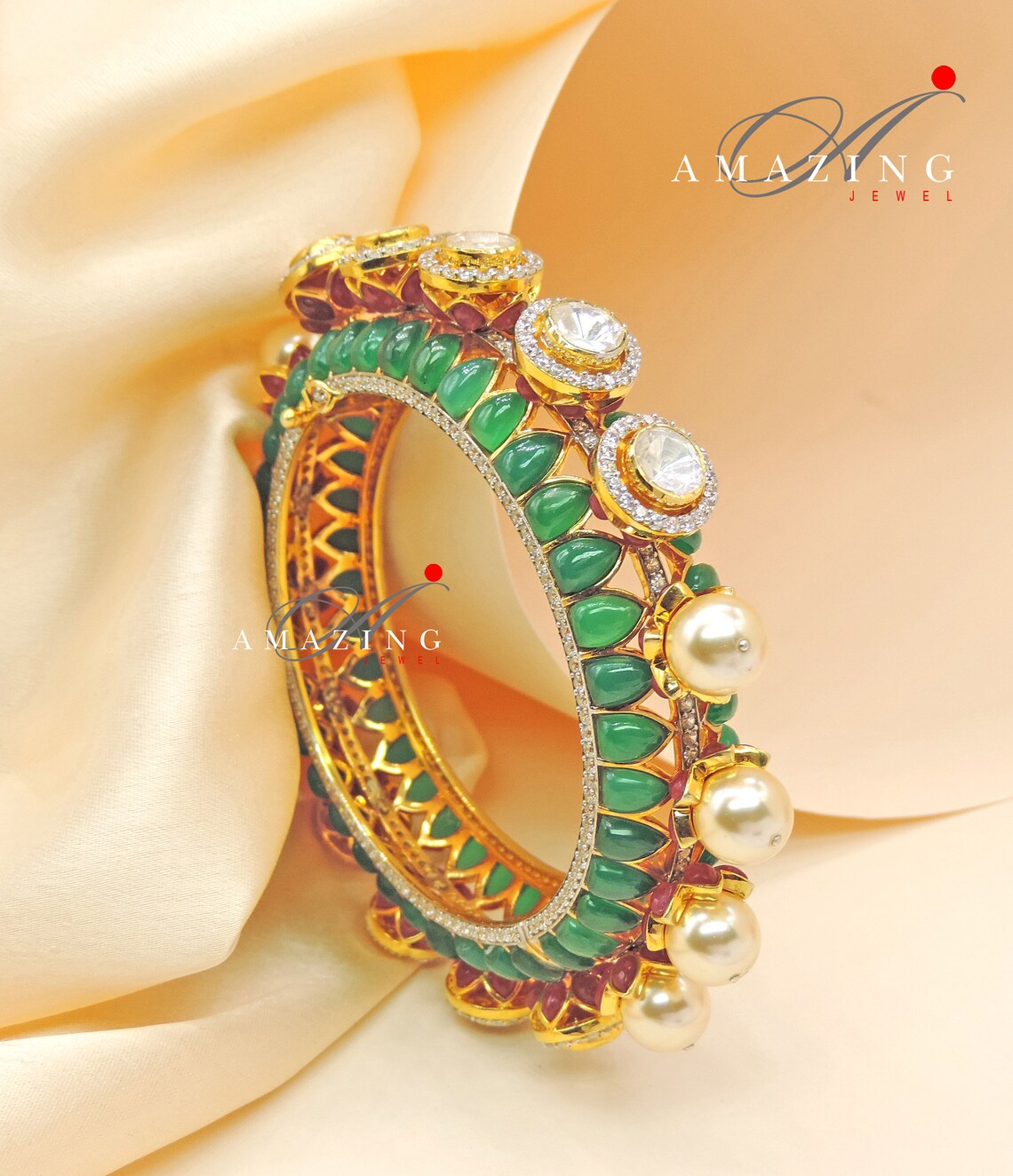 Silver Moissanite Polki Chip Stone Bangle, 925 Bangle, Bridal Polki ...