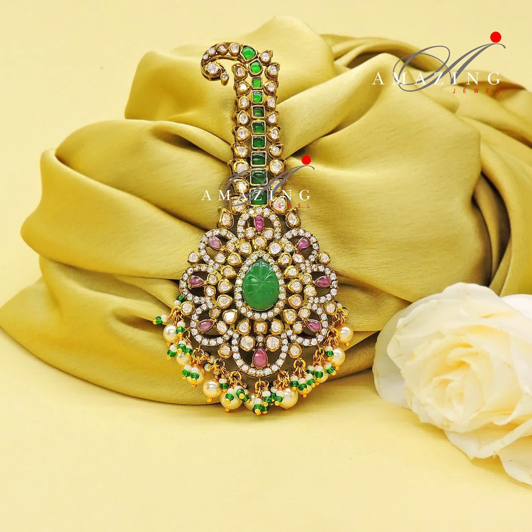 Silver Moissanite Polki Kilangi, Accessories, Moissanite Polki Turban Brooch, Kilangi, Groom ...
