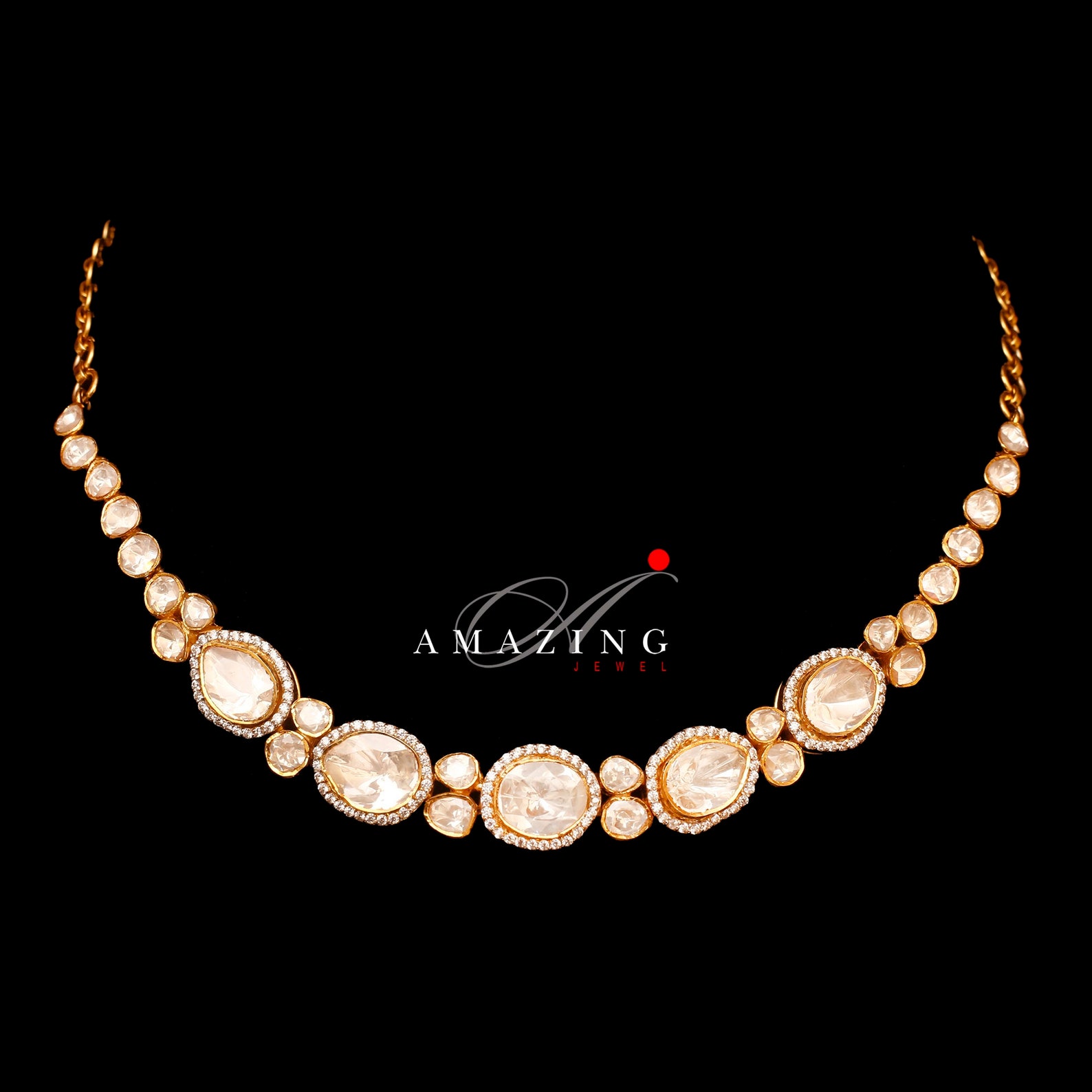 Silver Moissanite Polki Single Line Necklace, Moissanite and Swarovski ...