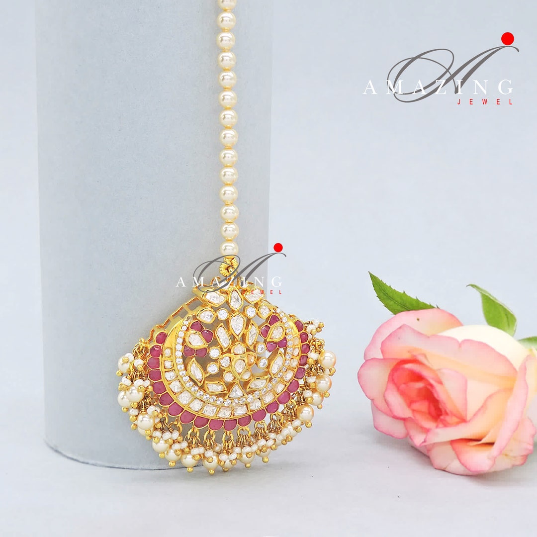 Silver Moissanite Polki & Ruby Hydro Chip Stone Mangtika ,moissanite ...