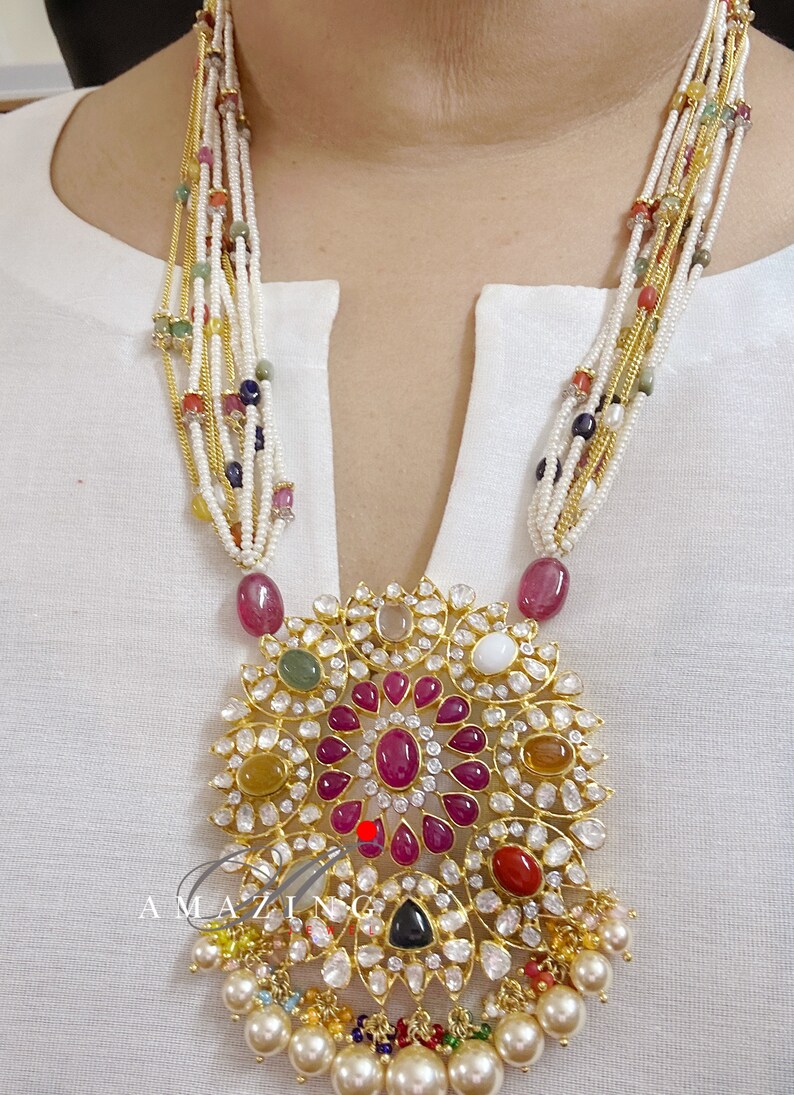 Silver Semi Precious Navratna Stones Pendant, Wedding Jewellery ...