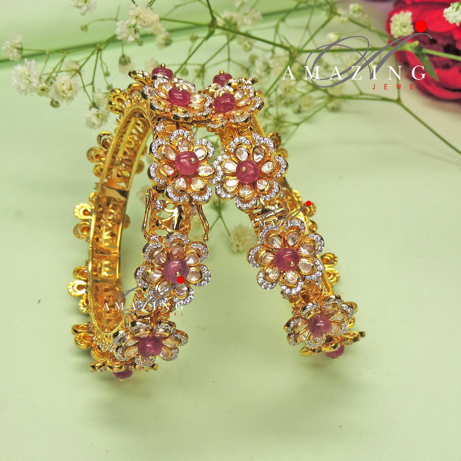 Silver Moissanite Polki Hydro Ruby Bangle, 925 Bangle, Bridal Polki Bangle, Indian Traditional ...