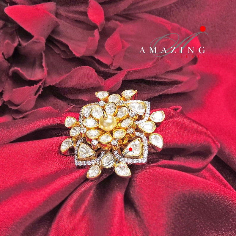 Silver Moissanite Polki Ring, Ring, Polki Ring, Moissanite Pearl Polki ...