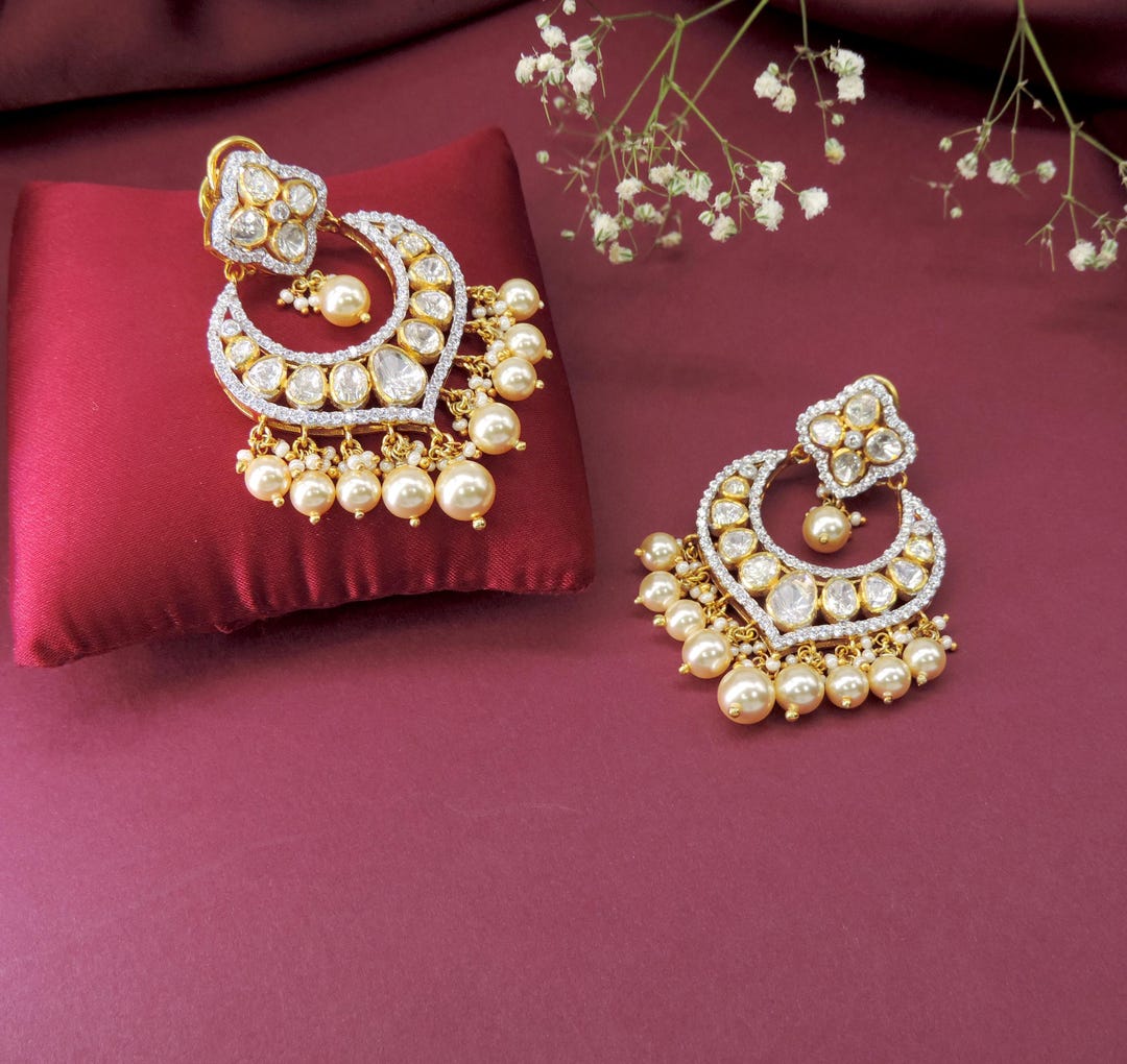 Silver Moissanite Polki Pearls Chandbali, Moissanite Kundan Earring ...
