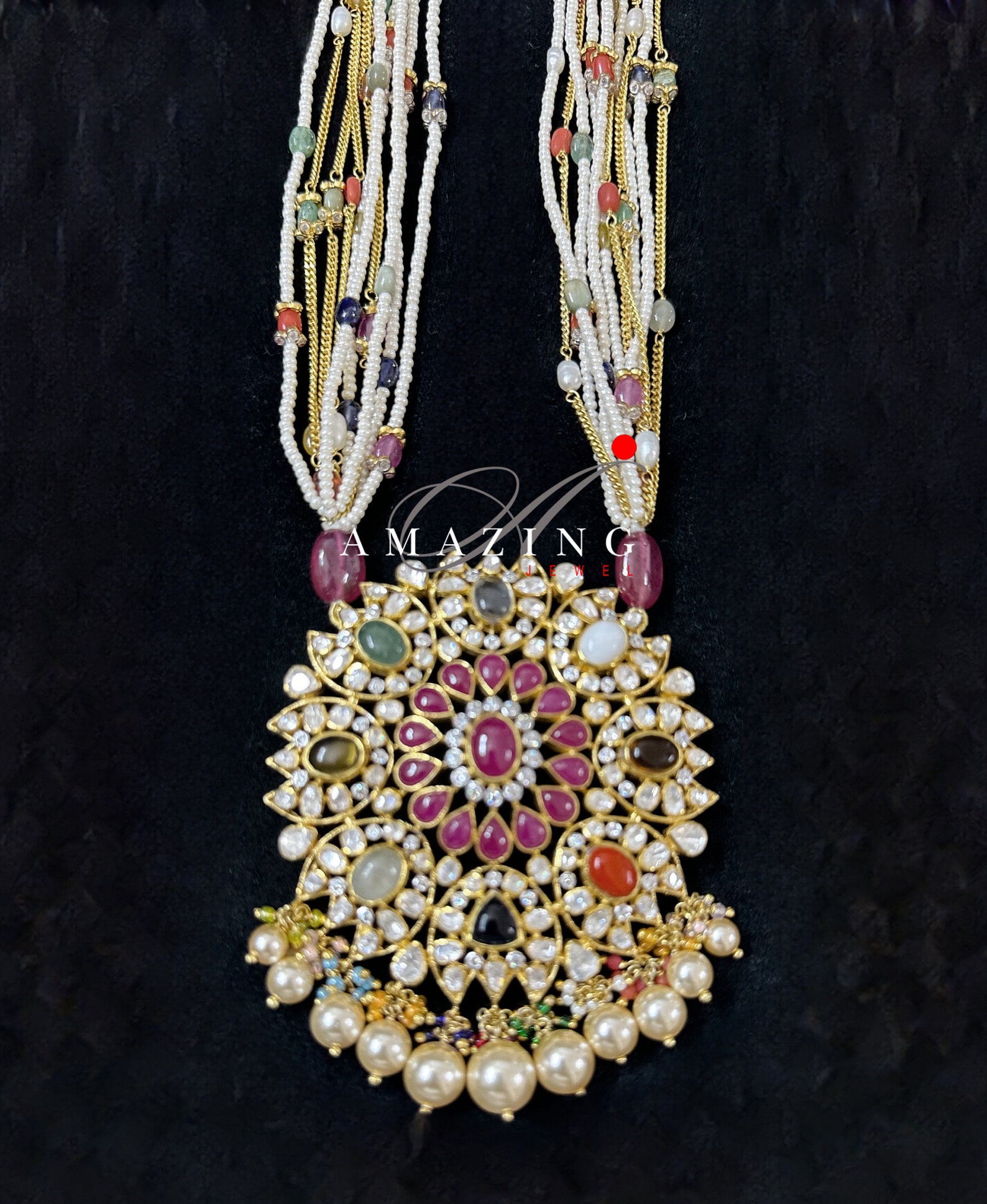 Silver Semi Precious Navratna Stones Pendant, Wedding Jewellery ...