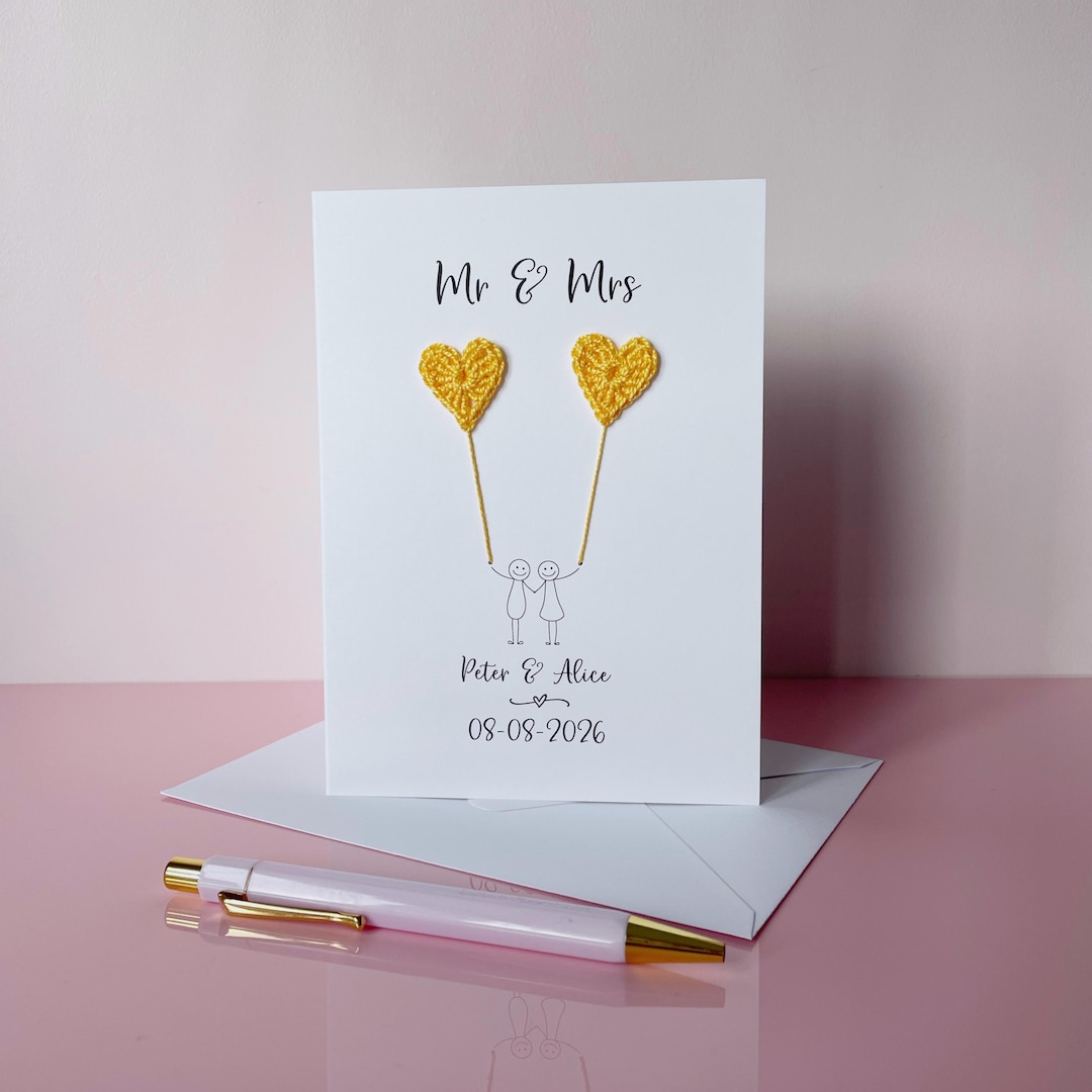 MR & MRS Wedding Card - Personalised Wedding Card - Crochet Heart ...