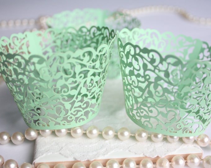Mint Cupcake Wrappers for Mint Wedding, Mint Green Lace Filigree ...