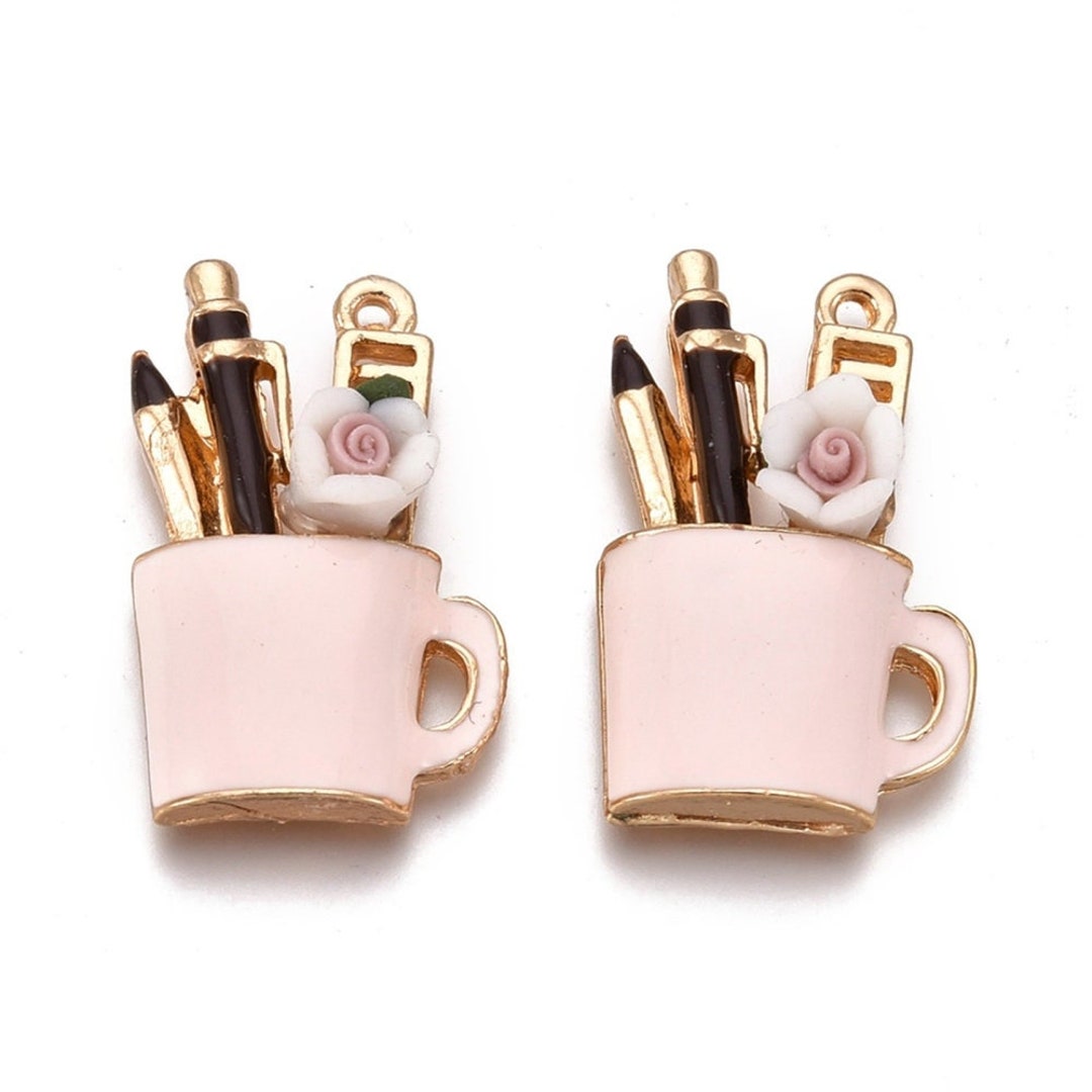 Pink Pen Cup Planner Charms, Writing, Teacher, School, Gold Tone Enamel ...