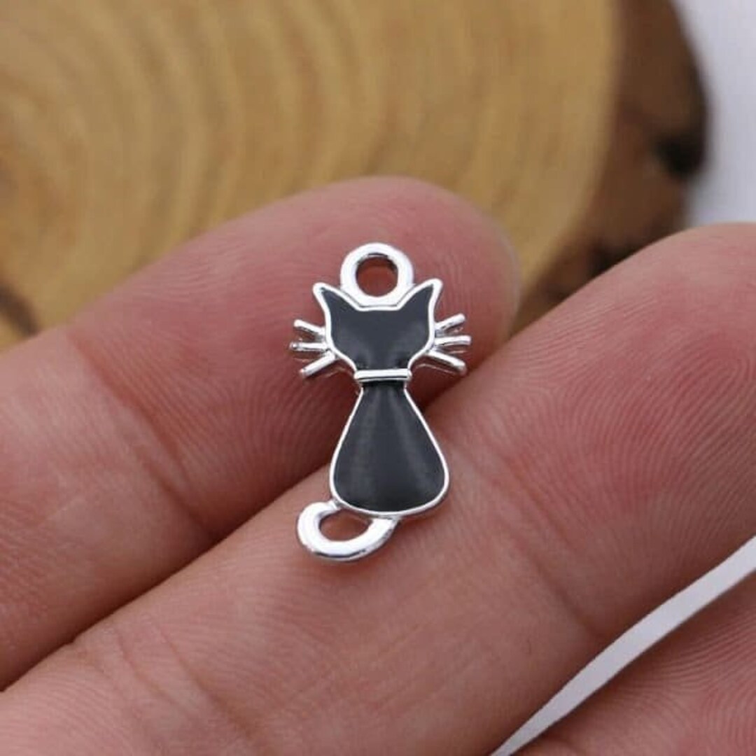 2 Enamel Black Cat Charms, 22x12mm, Silver Tone Enamel N-101 - Etsy