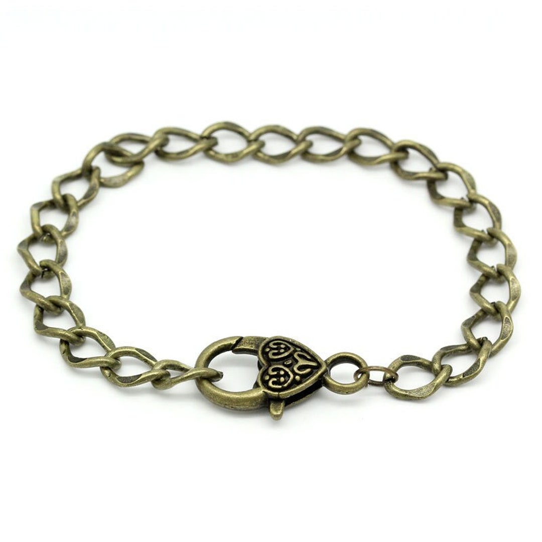 2 Bronze Chain Link Bracelets, Heart Lobster Clasp, Antique Bronze Tone ...
