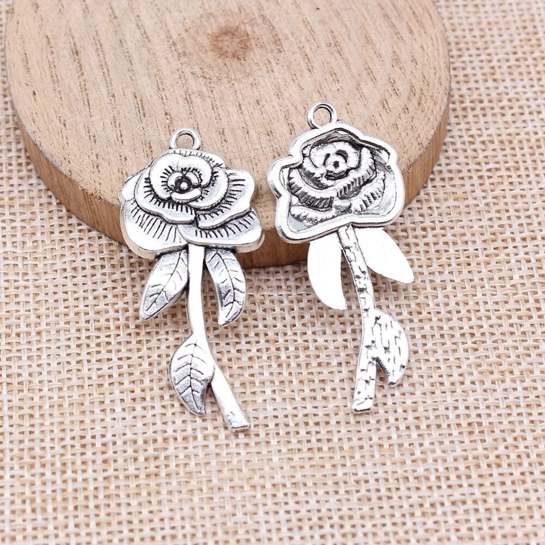 3 Silver Long Stem Rose Flower Charms, 42x19mm, Silver Tone Charms (B ...