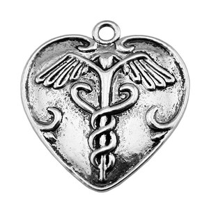Silver Caduceus Heart Charms, Medical Charms, 42x40mm, Silver Tone ...