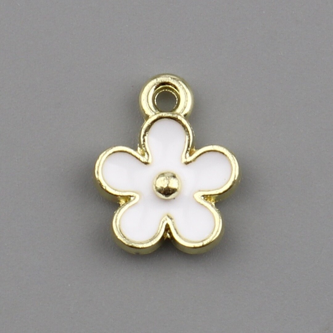 5 White Flower Charms, 10x12mm, Gold Tone Enamel Flower Charms (L-184 ...