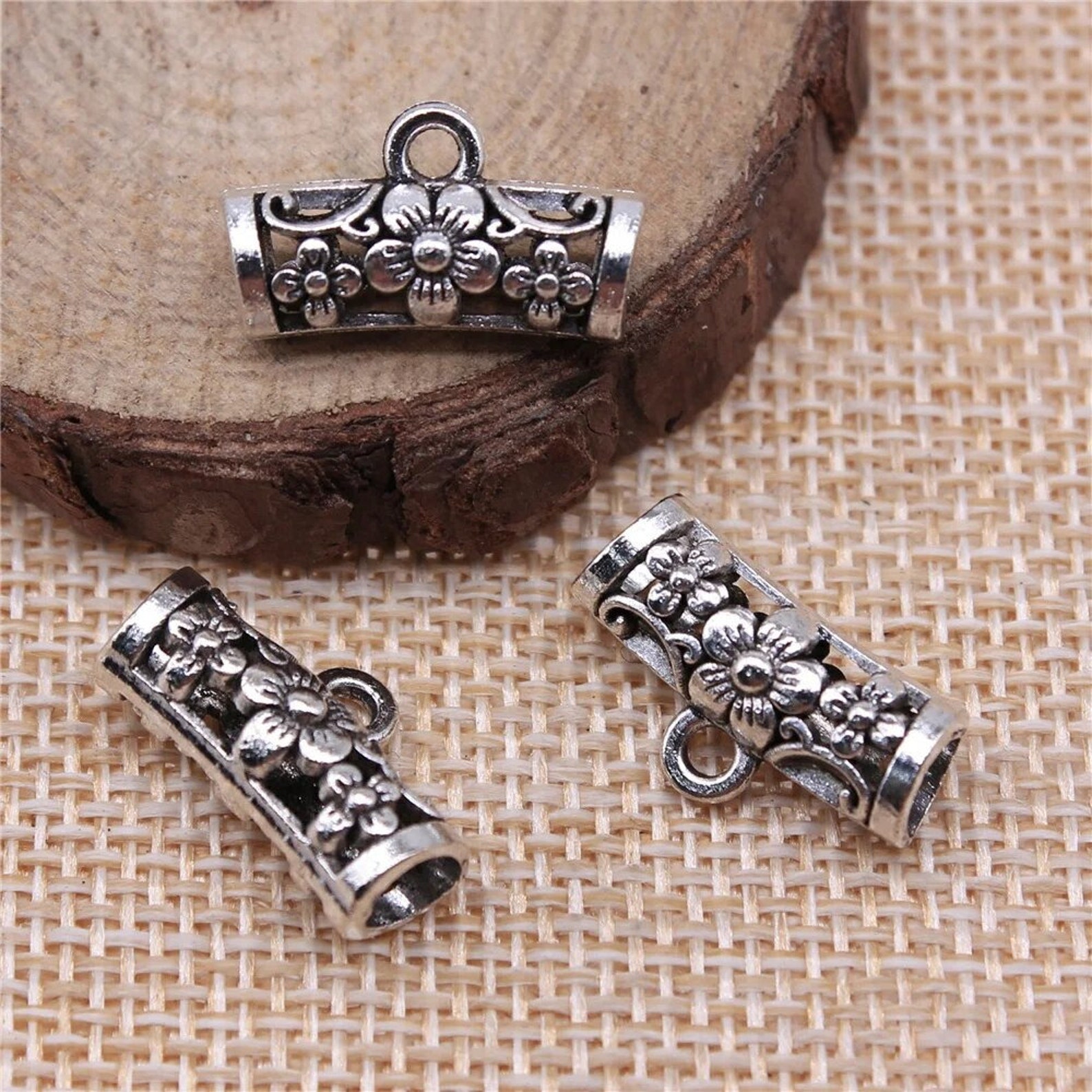 4 Silver Flower Bail Bead Charms, 19x10mm, Silver Tone Charms (C-150 ...
