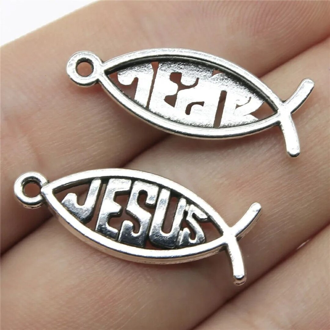 10 Silver Jesus Fish Charms, Religious Charms, 27x10mm, Silver Tone ...