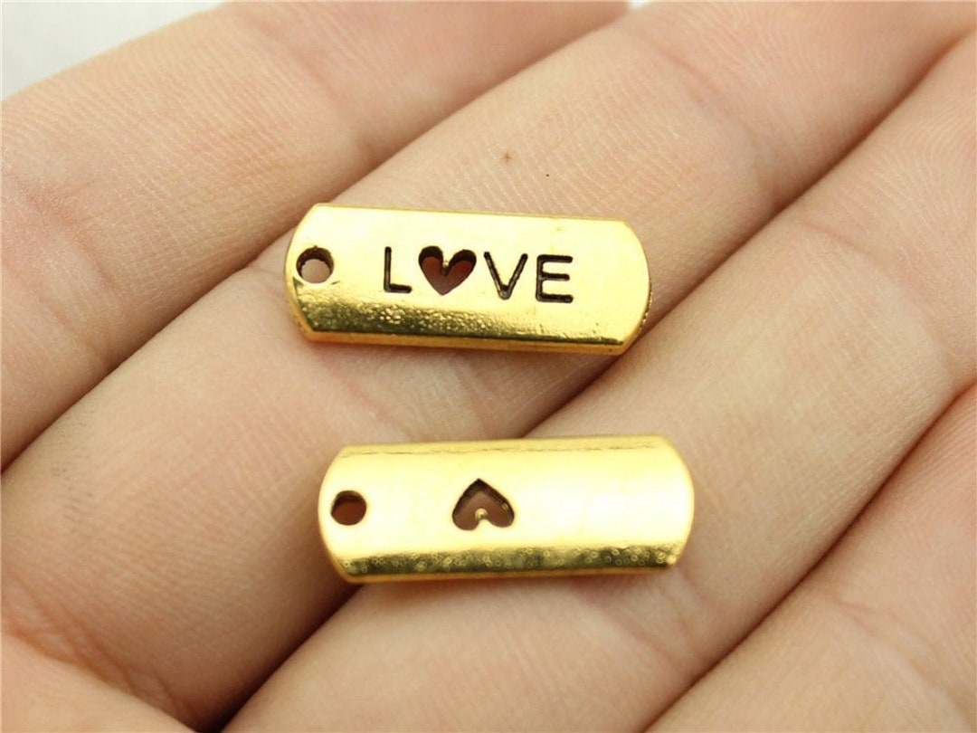 5 Gold Love Stamped Tag Charms, Antique Gold Tone Charms (C-232) - Etsy