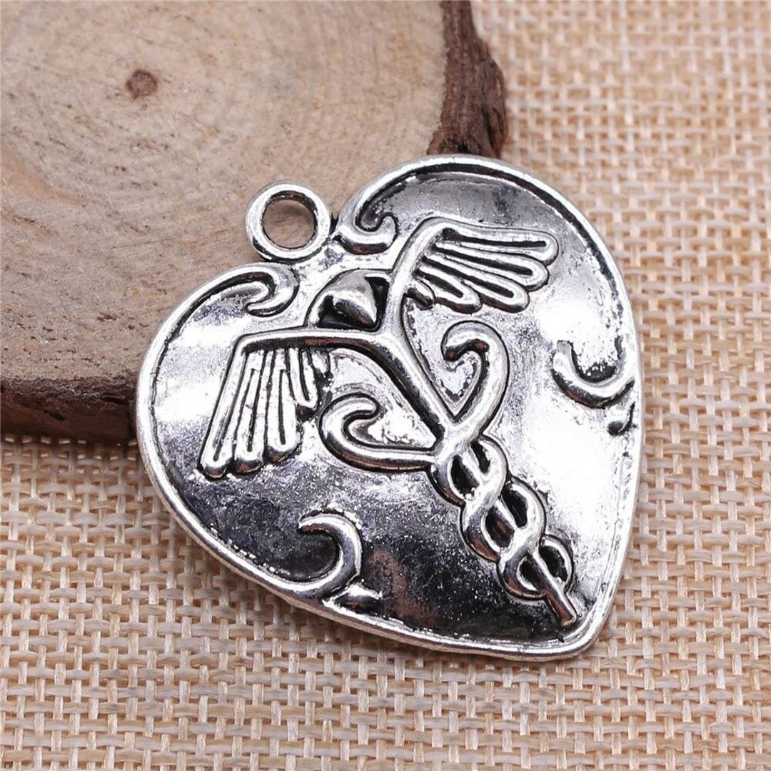 Silver Caduceus Heart Charms, Medical Charms, 42x40mm, Silver Tone ...