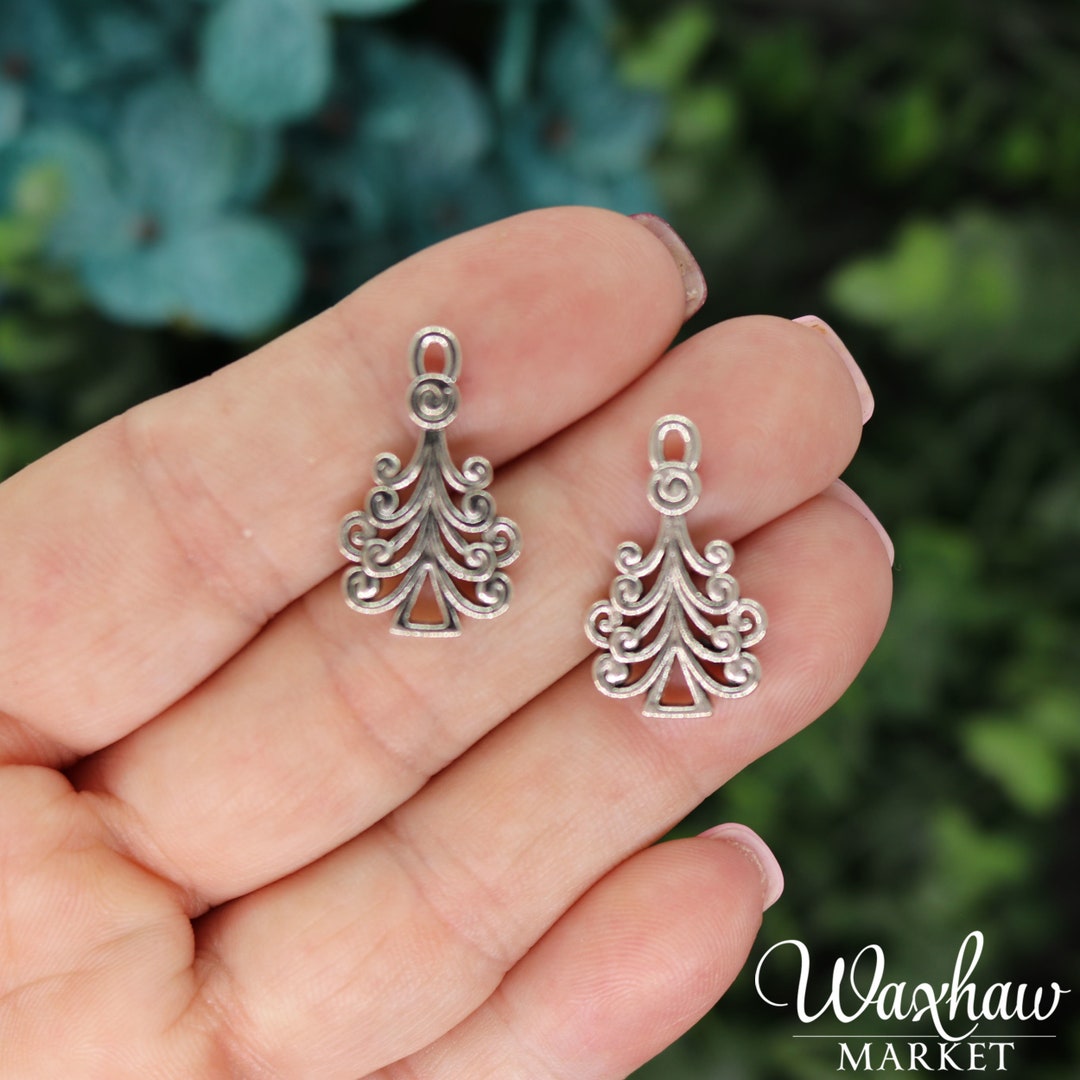 6 Christmas Tree Charms, 2 Sided, Antique Silver Charms C-8 - Etsy