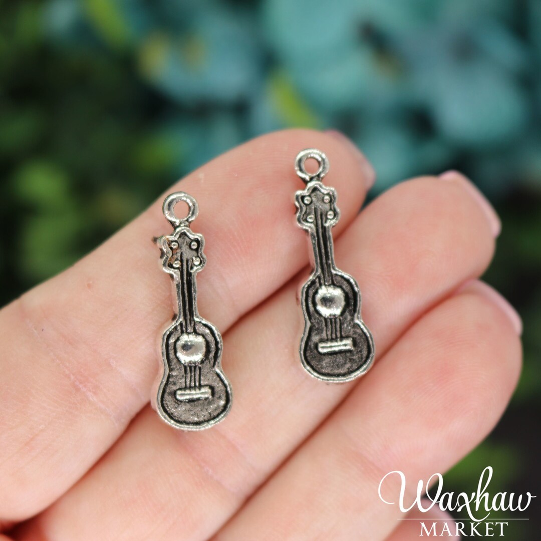 6 Silver Guitar Charms, Instrument Charms, 28x10mm, Silver Tone Charms ...