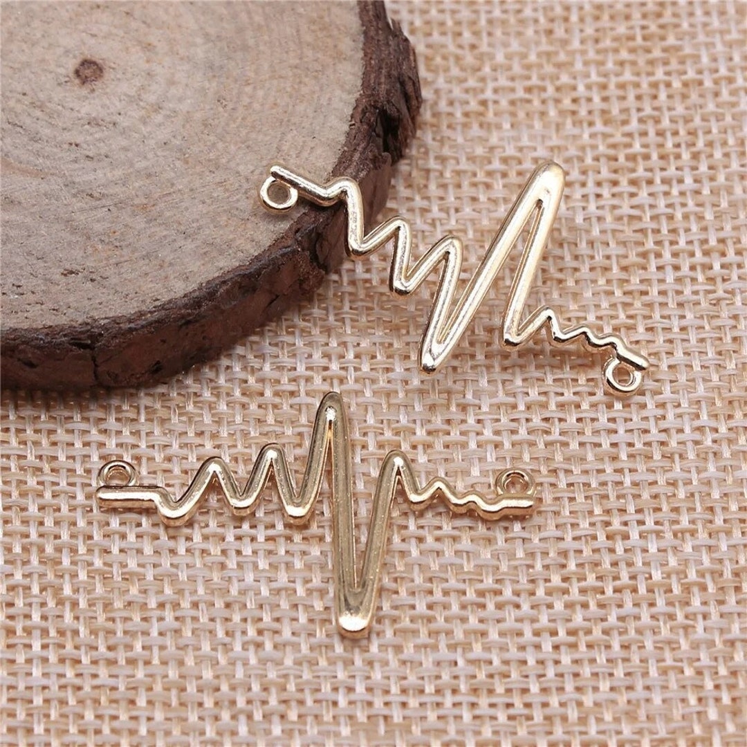 4 Gold EKG Heartbeat Connector Charms, 36x23mm, Antique Gold Tone (L-30 ...