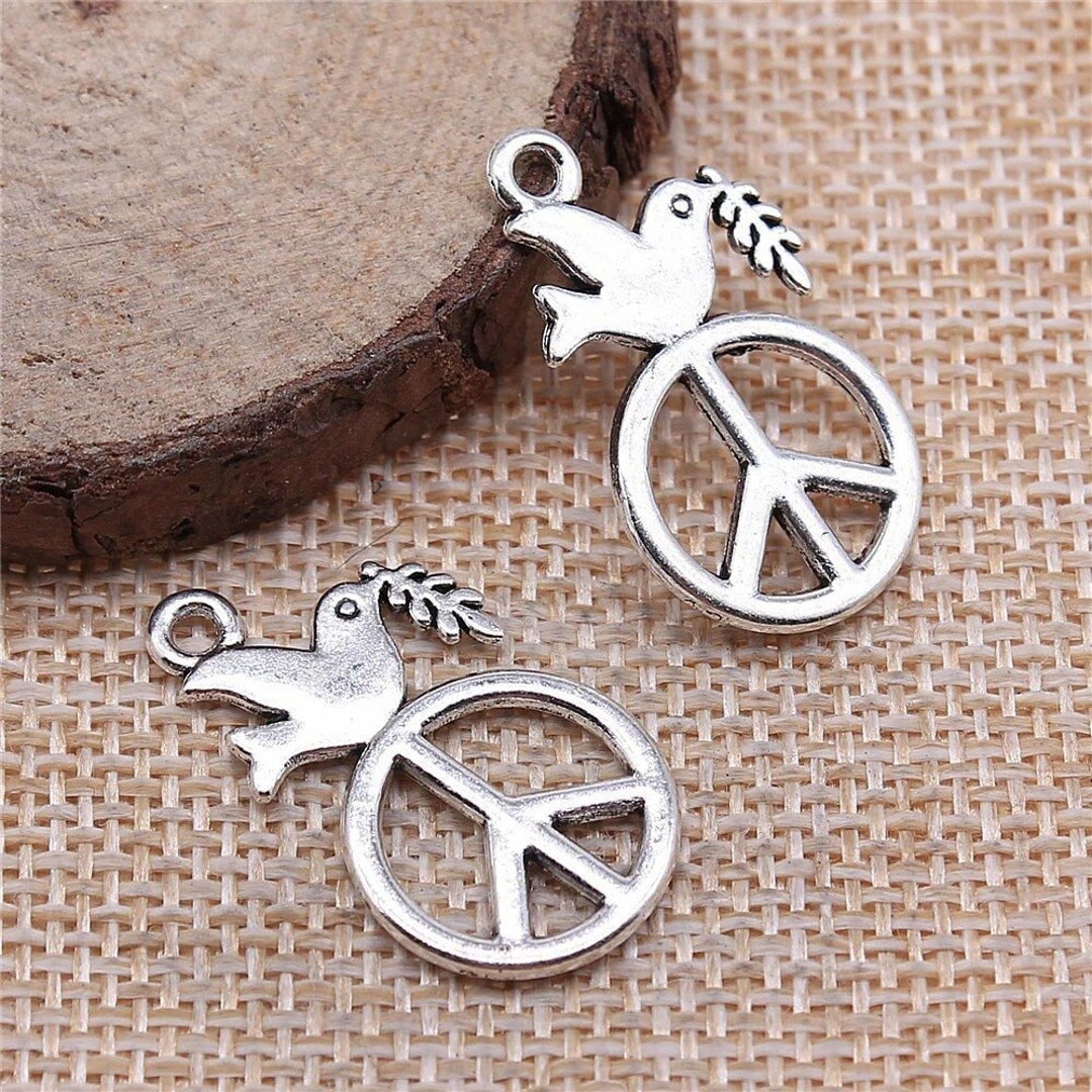 5 Silver Love Bird and Peace Sign Charms, 28x16mm, Silver Tone Charms ...