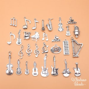 BULK 30 Silver Instrument Charms, Music Charms, Mixed Lot of Charms (N ...