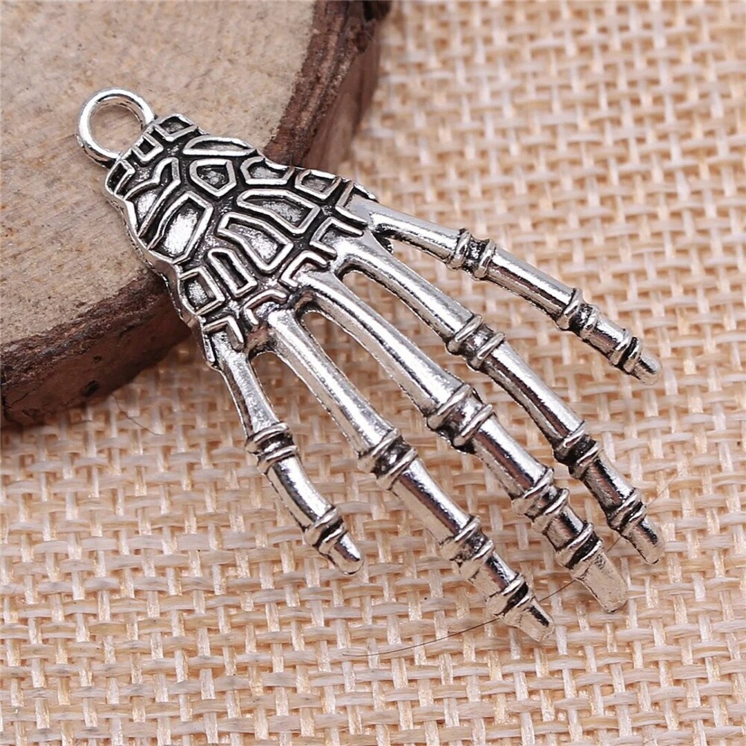 2 Silver Skeleton Hand Charms, Halloween Charms, Antique Silver Tone ...