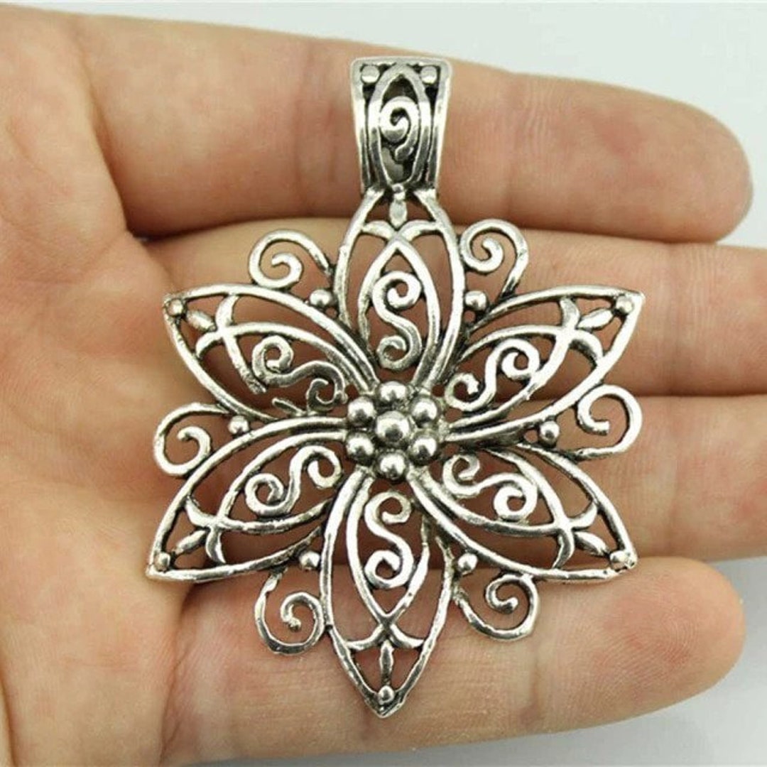 Large Silver Flower Pendant Charm, 66x47mm, Silver Tone Charms (T-68 ...