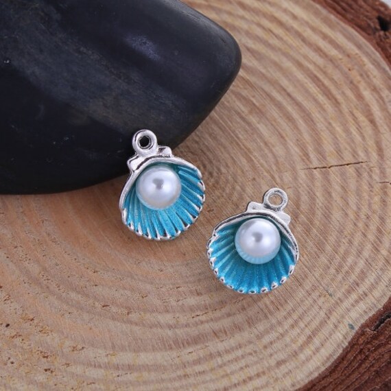5 Faux Pearl Blue Seashell Charms 28x15mm Silver Tone Charms - Etsy