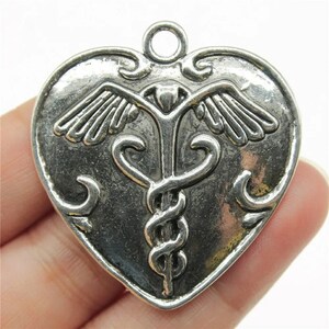 Silver Caduceus Heart Charms, Medical Charms, 42x40mm, Silver Tone ...