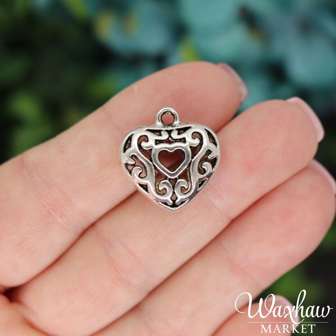 2 Silver Hollow Heart Charms, 3D Heart Charm, Silver Tone Charms (K-183 ...