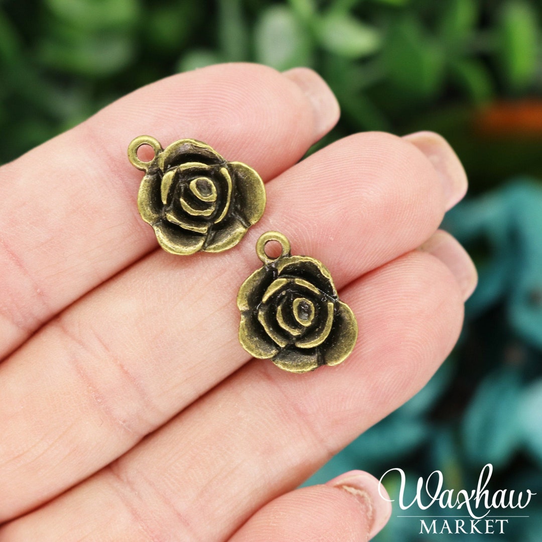 12 Bronze Rose Flower Charms, Flower Head Charms, Antique Bronze Tone ...
