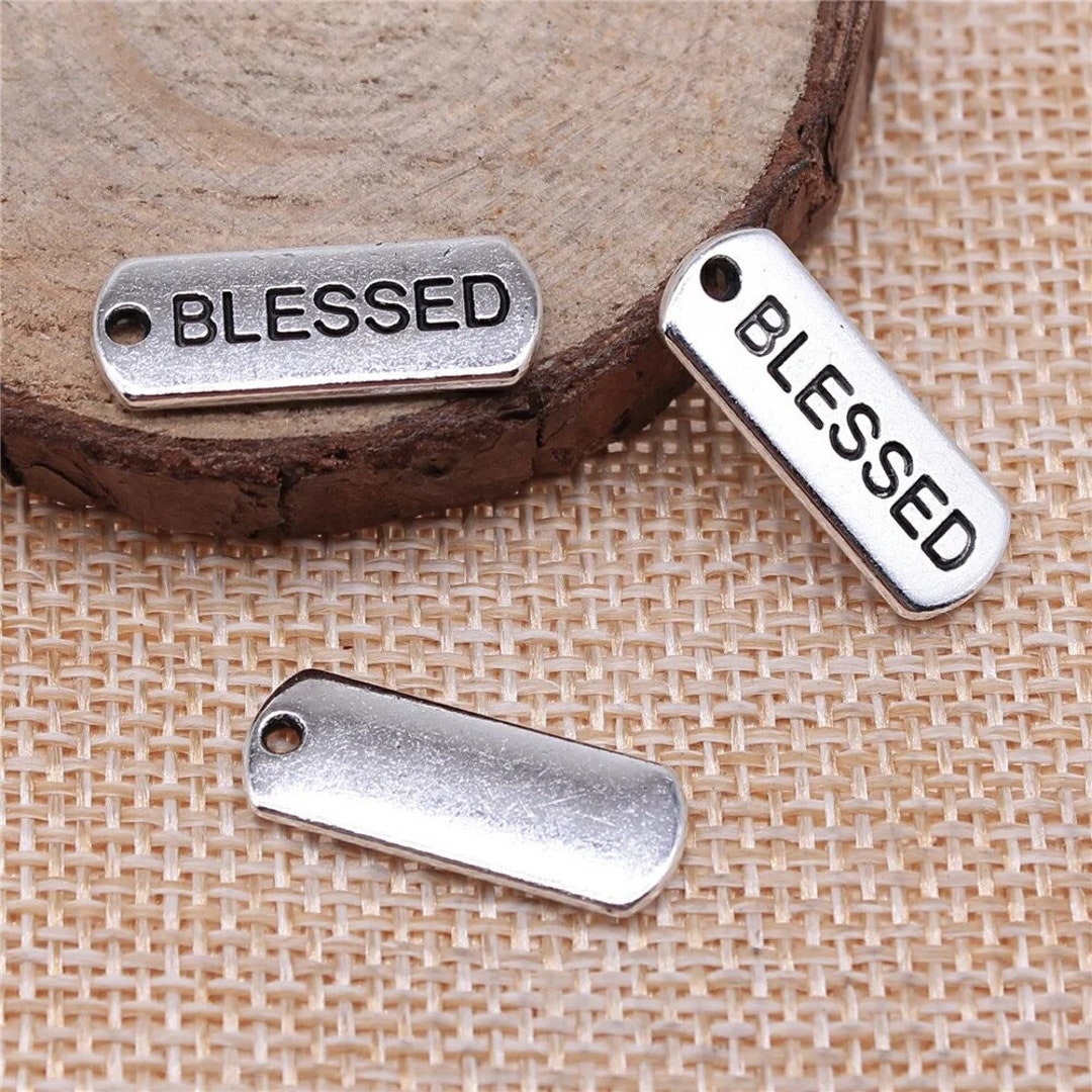 5 Silver Engraved Blessed Tag Charms, Antique Silver Tone Charms G-5 - Etsy