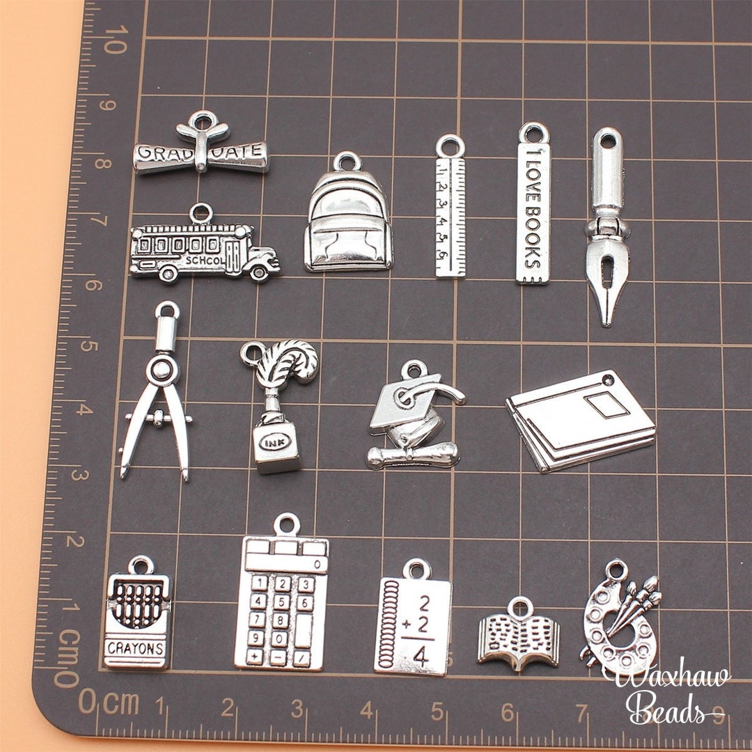 BULK 15 Silver Set of School Supply Charms, Teacher Charms, Mixed Lot ...