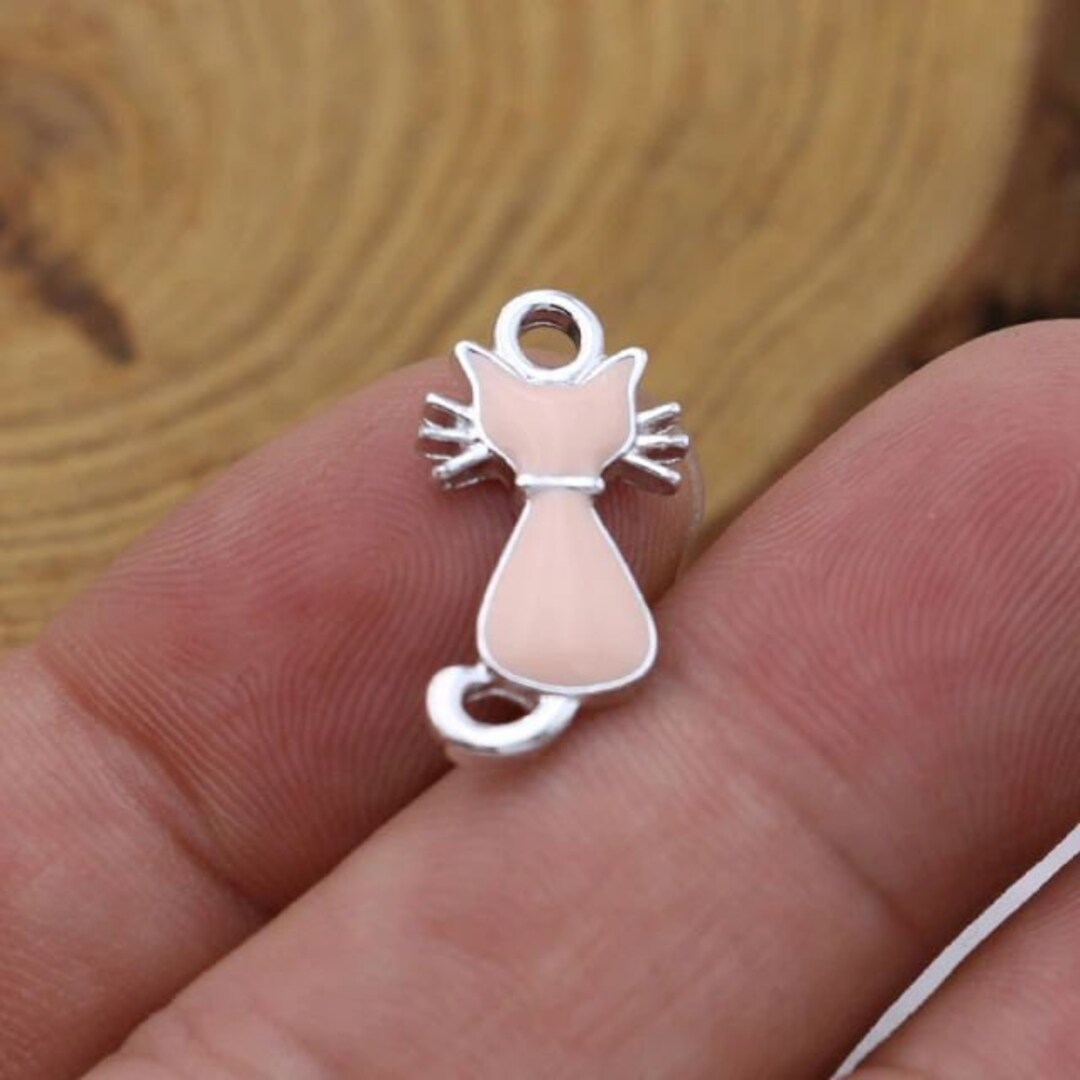 2 Enamel Pink Cat Charms, Kitten Charms, 22x12mm, Silver Tone Enamel (N ...
