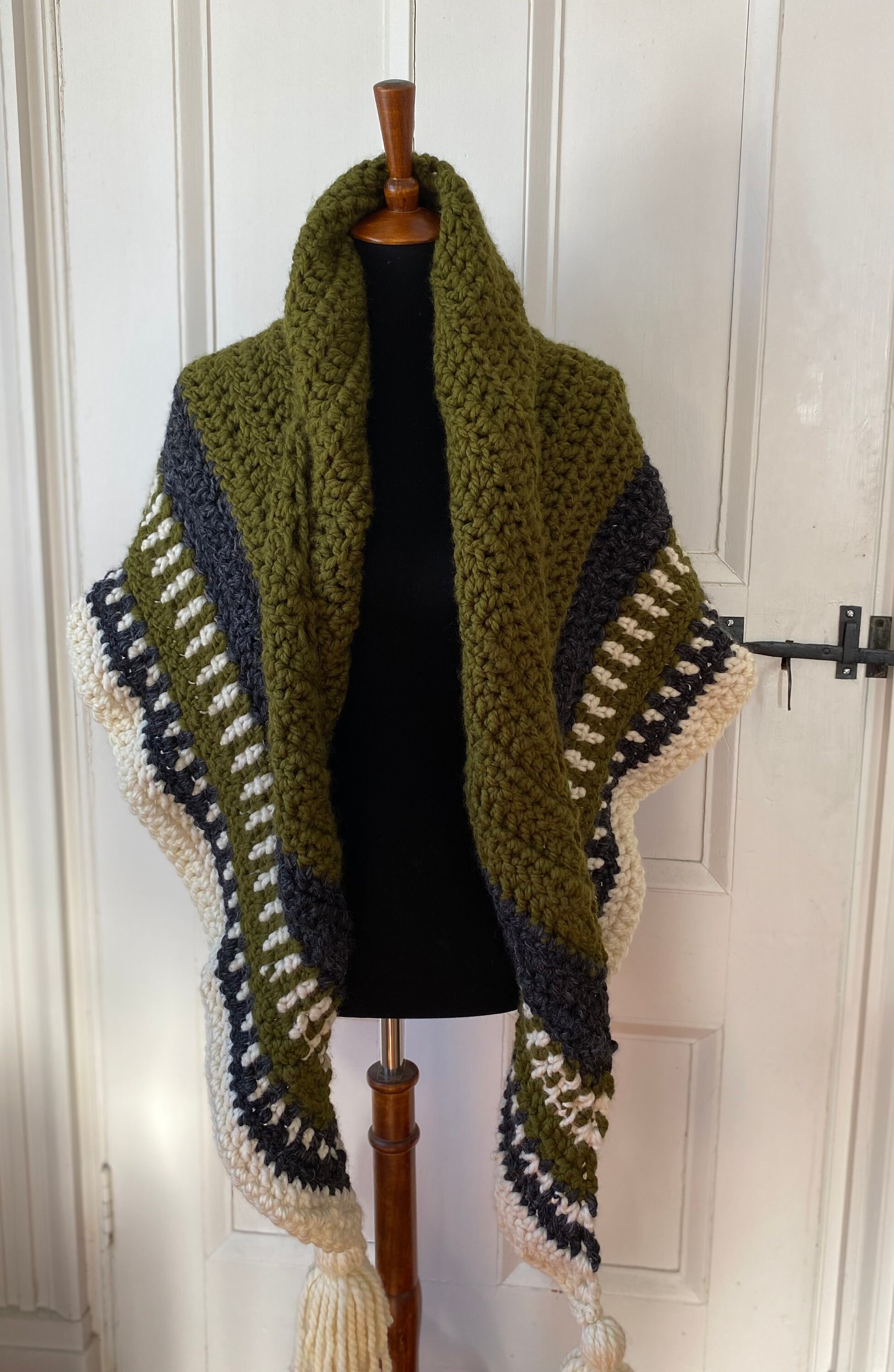 Hand Crochet Chunky Triangular Wool Blend Shawl,black/green/cream - Etsy
