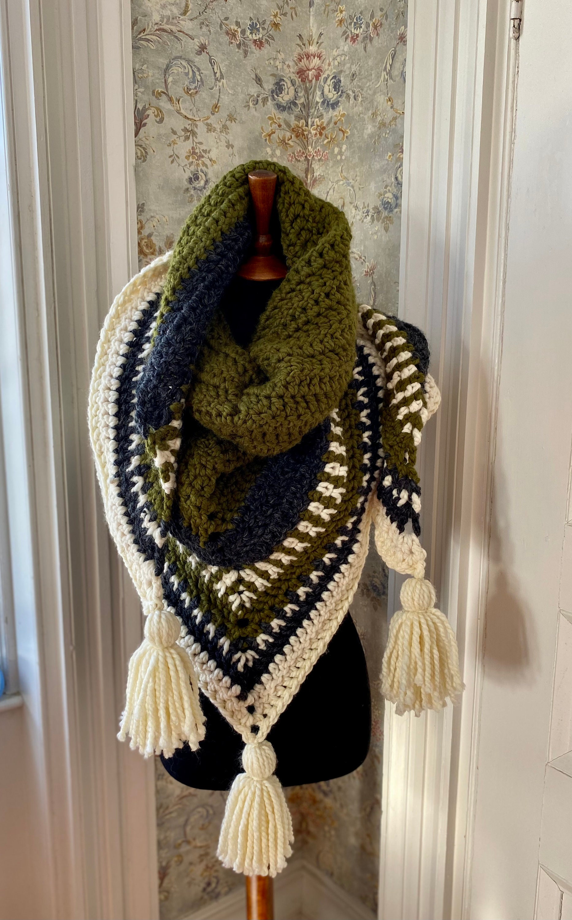 Hand Crochet Chunky Triangular Wool Blend Shawl,black/green/cream - Etsy