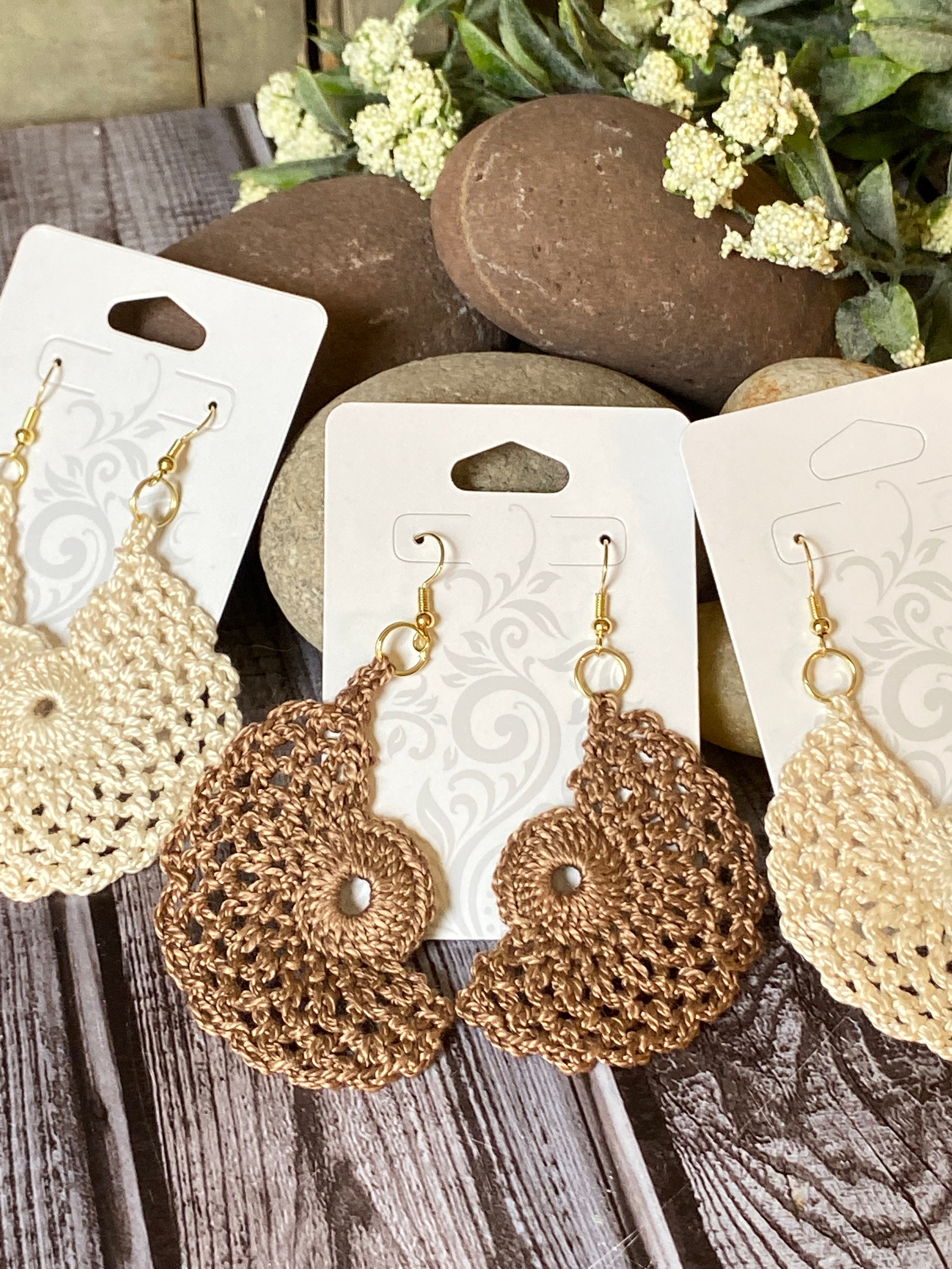 Hand Crochet Cotton Dangle Earrings,goldtone Ear Wires,boho Hippie Drop ...
