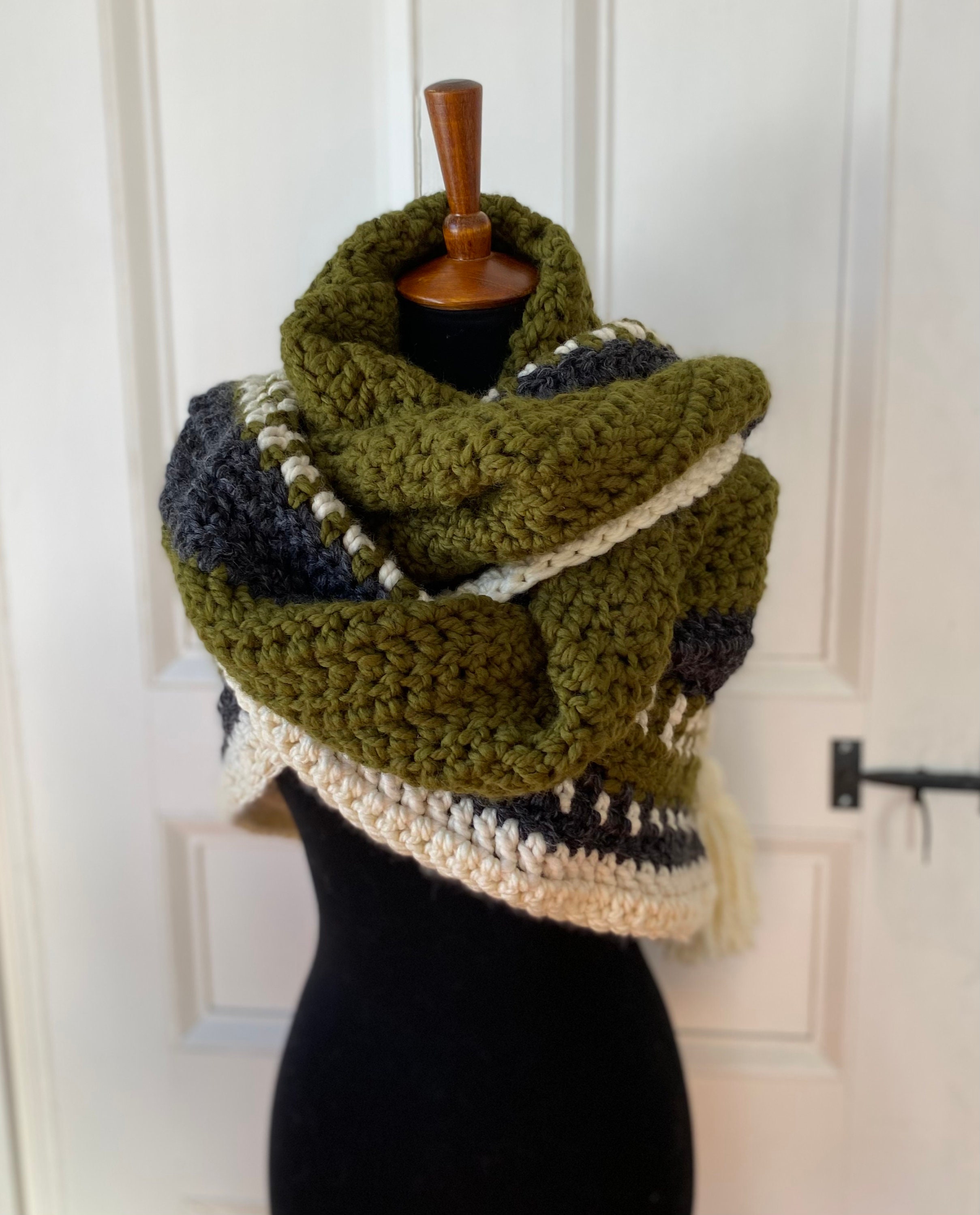 Hand Crochet Chunky Triangular Wool Blend Shawl,black/green/cream - Etsy