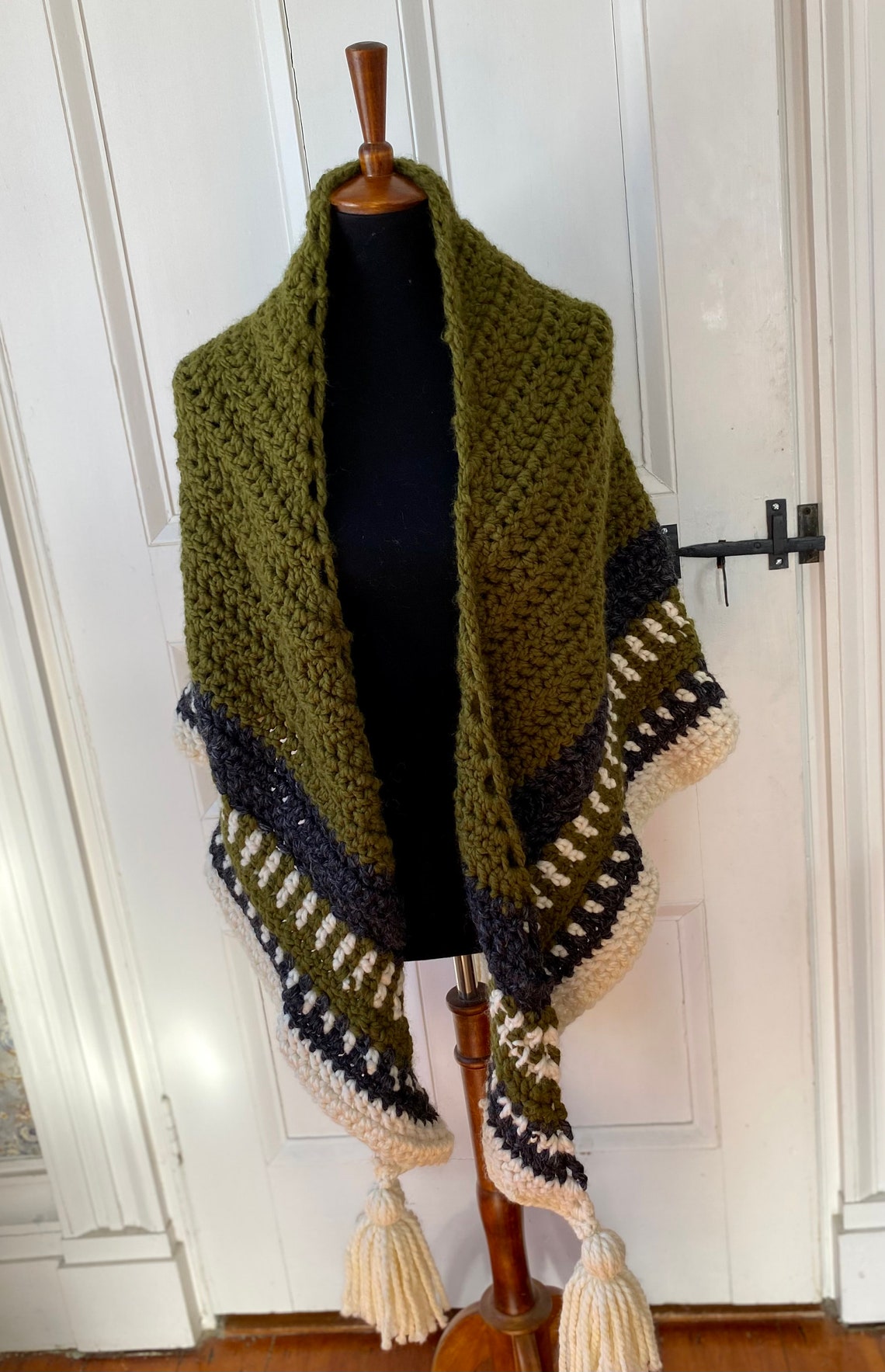 Hand Crochet Chunky Triangular Wool Blend Shawl,black/green/cream - Etsy