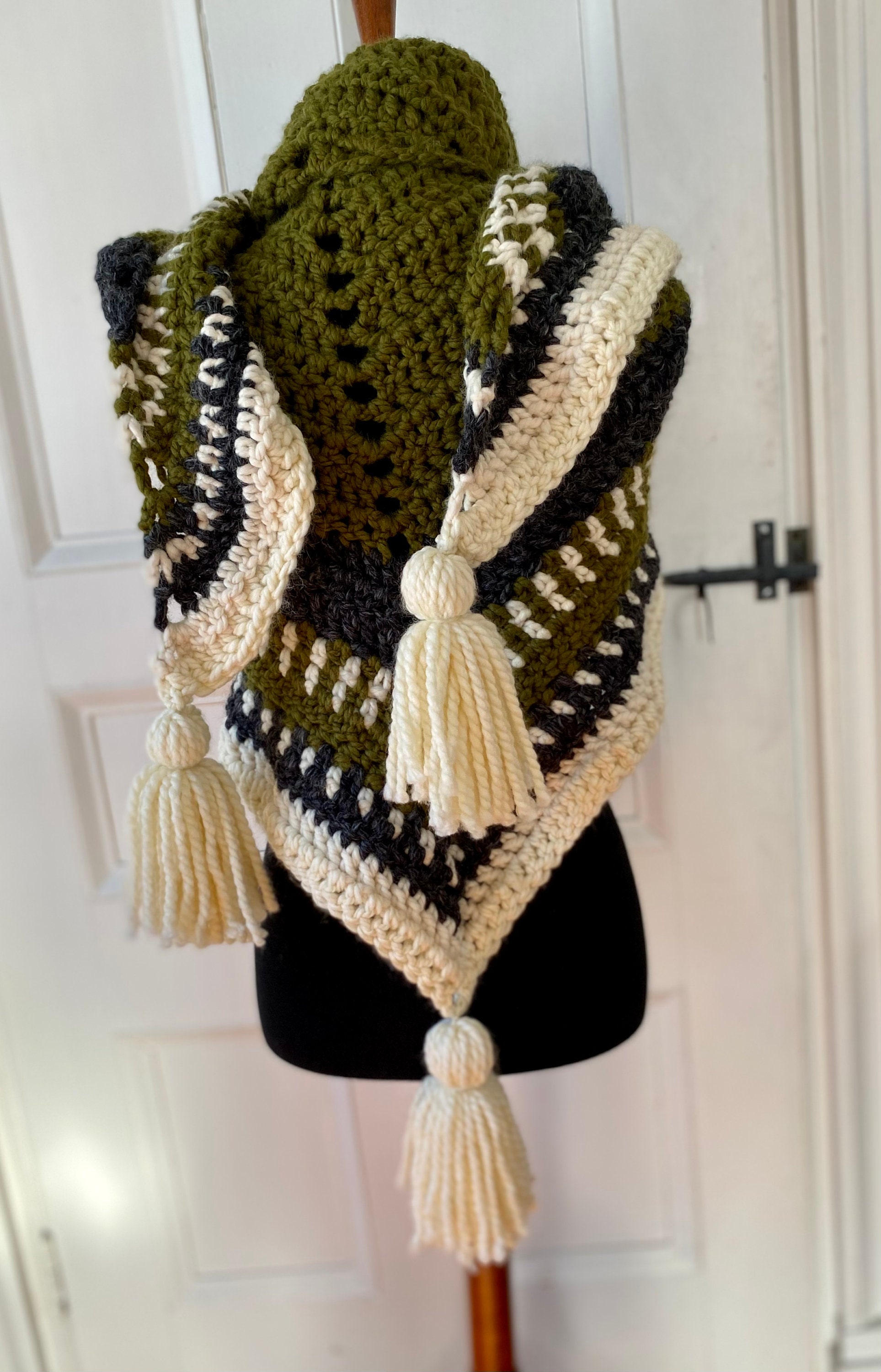 Hand Crochet Chunky Triangular Wool Blend Shawl,black/green/cream - Etsy