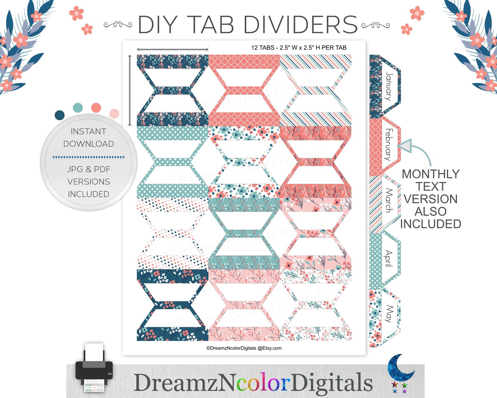 Printable Tabs - 2.5 Inch Floral Design - Planner, Folder, and Journal ...