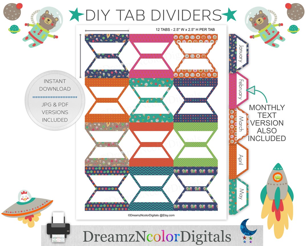 Printable Tabs - 2.5 Inch Space Animal Design - Planner, Folder, and ...